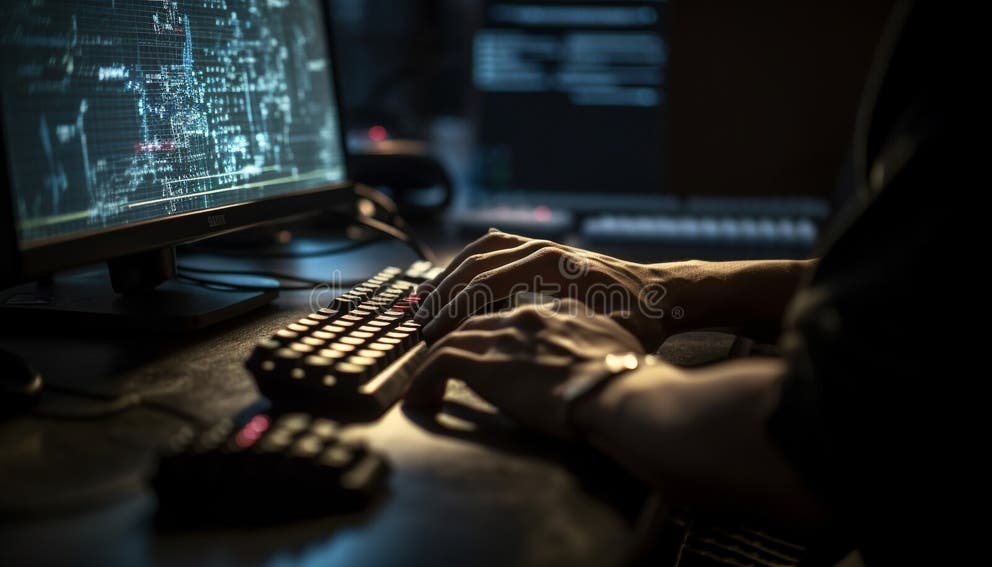 Young Adult Programmer Working Late at Night Using Computer Equipment ...