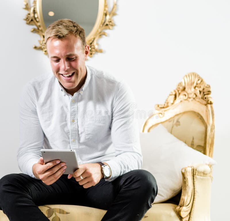 Business Man Working on Tablet Stock Photo - Image of house, computer ...