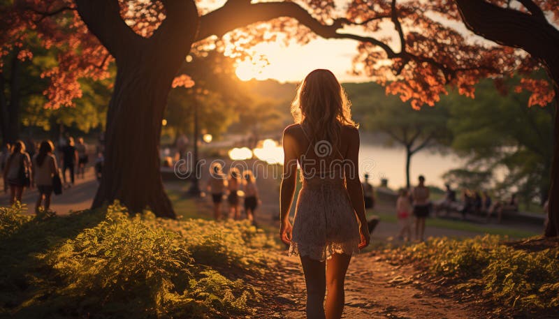 Young Adults Walking in Nature, Enjoying the Sunset and Relaxation ...