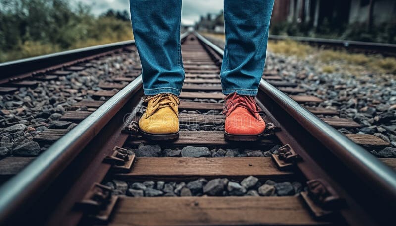 Young Adults Walking on Railroad Tracks, Waiting for an Adventure ...