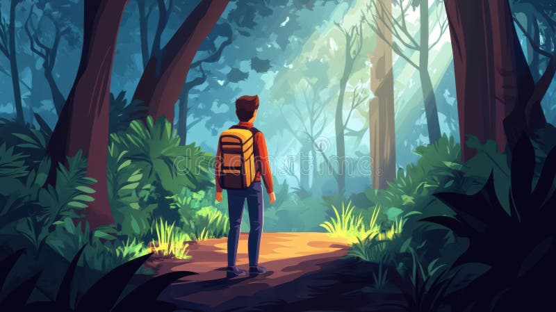 Young Adventurer Exploring Dense Forest Path Stock Illustration ...