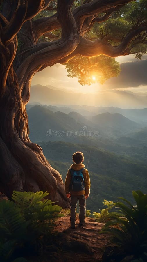 A Young, Adventurous Explorer Looking at a Magical, Glowing Tree ...