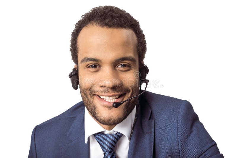 Young African American Call Center Operator in Headset Looking at ...