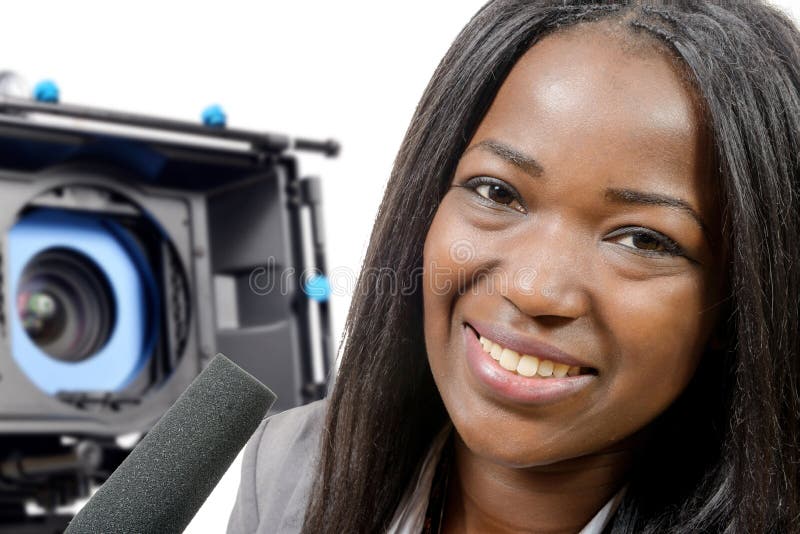 Young African American Journalist with a Microphone and Camera Stock ...