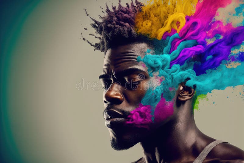 Young African American Man with His Head Exploding in Colorful Paint ...