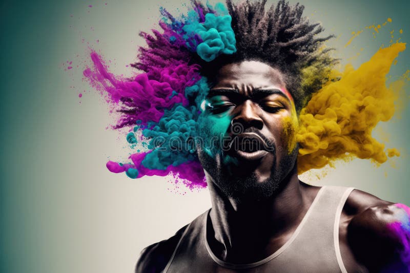 Young African American Man with His Head Exploding in Colorful Paint ...