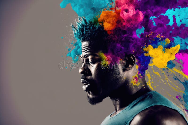 Young African American Man with His Head Exploding in Colorful Paint ...