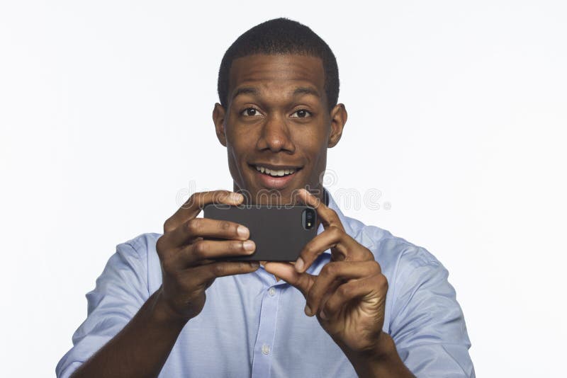 Young African American Taking a Picture with Smartphone, Horizontal ...