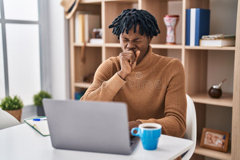 Young African Man with Dreadlocks Working Using Computer Laptop Feeling ...