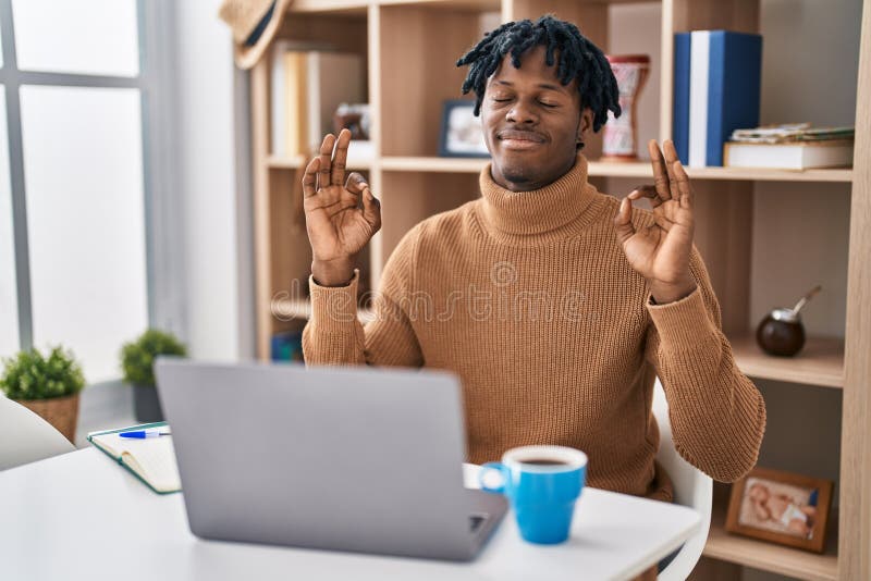 Young African Man with Dreadlocks Working Using Computer Laptop Relax ...
