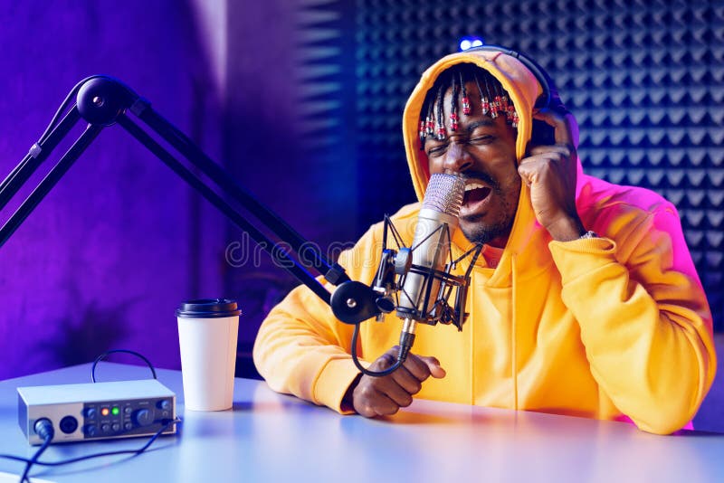 Young African Performer Recording His New Track in Recording Studio ...