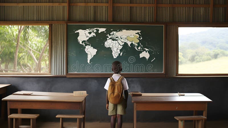 Young African Student with a Backpack Standing in the Empty Classroom ...
