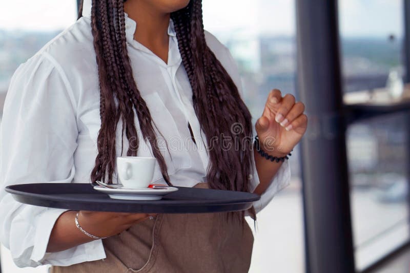 Young African Waitress is Carrying Coffee Stock Photo - Image of ...
