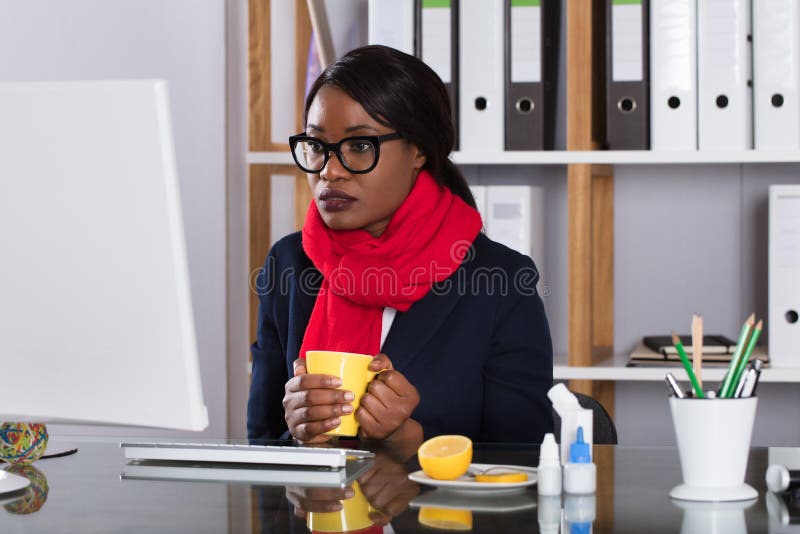 Woman Working on Computer with Cup of Tea Stock Photo - Image of ...