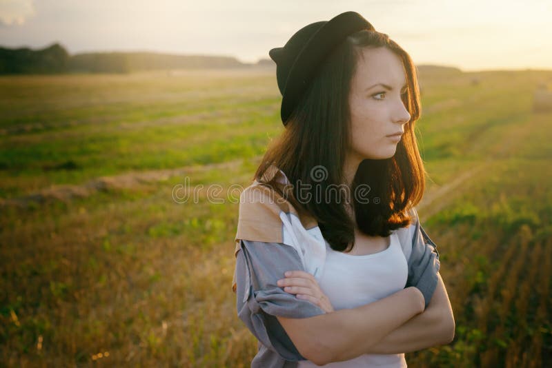 Young Alone Free Sad Woman Hipster in Fall Field Stock Image - Image of ...