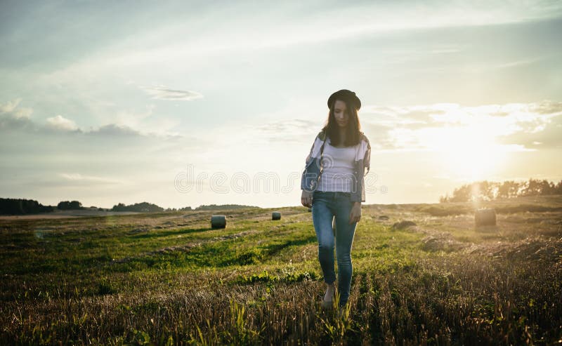 Young Alonel Free Sad Woman Hipster in Fall Field Stock Photo - Image ...