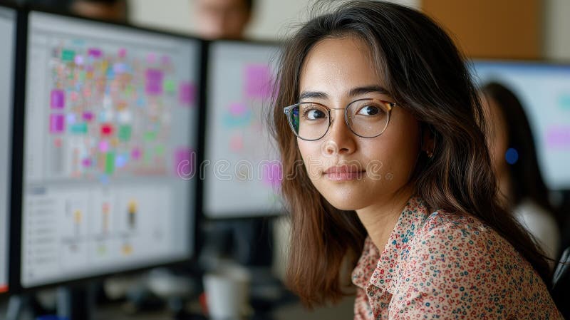 Young Analyst Woman Data Analysis Teamwork Office Productivity Metrics Screens Stock ...