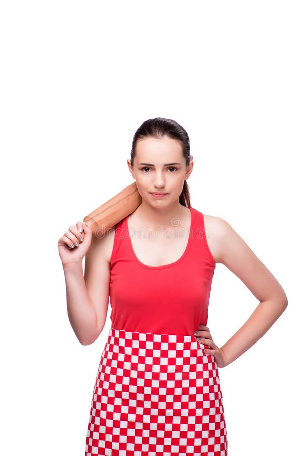 The Young Angry Woman with Rolling Pin Isolated on White Stock Photo ...