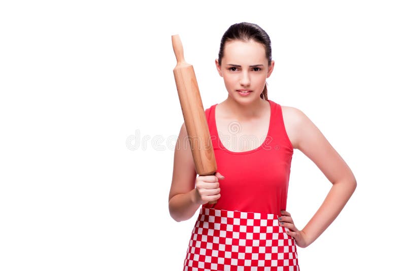 The Young Angry Woman with Rolling Pin Isolated on White Stock Photo ...