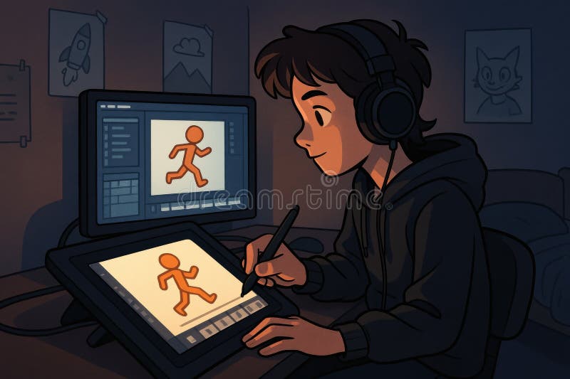 A Young Animator Works at a Digital Workstation Creating a Character ...