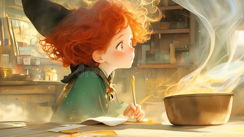 Young Apprentice Witch is Carefully Writing Down Her Magic Recipe Stock ...