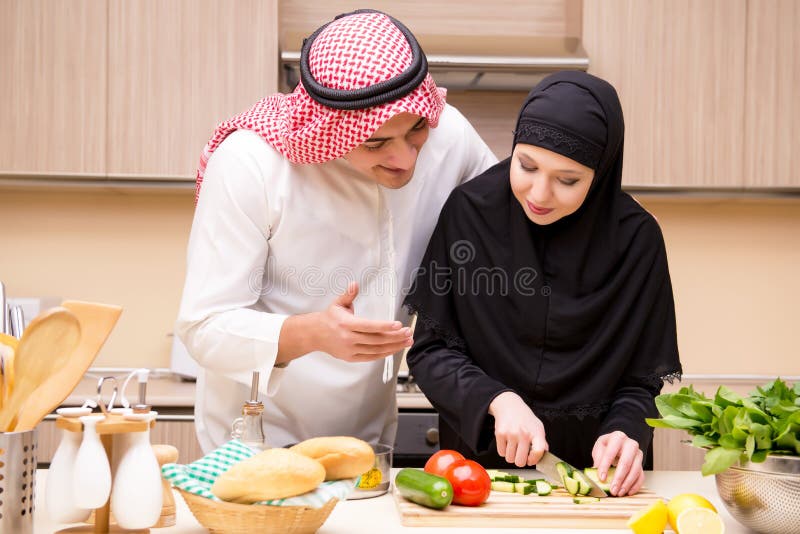 The Young Arab Family in the Kitchen Stock Image - Image of husband ...
