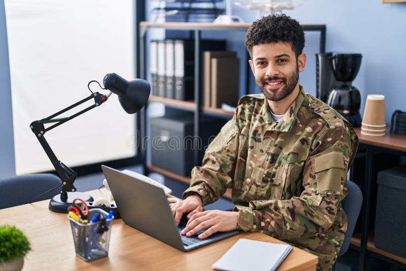 Young Arab Man Army Soldier Using Laptop Working at Office Stock Photo ...