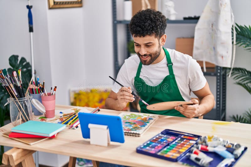 Young Arab Man Artist Having Online Draw Class at Art Studio Stock ...