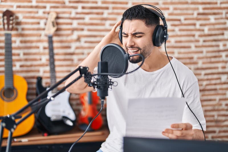 Young Arab Man Artist Singing Song at Music Studio Stock Image - Image ...