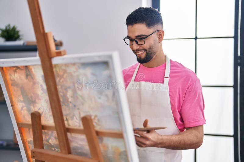 Young Arab Man Artist Smiling Confident Drawing at Art Studio Stock ...
