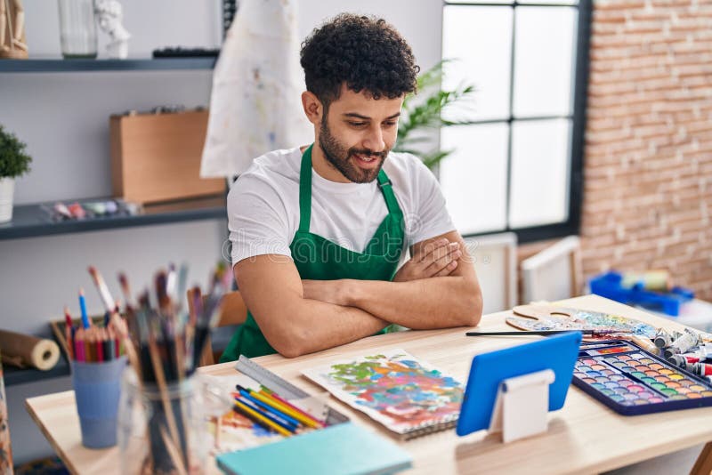 Young Arab Man Artist Smiling Confident Having Video Call at Art Studio ...