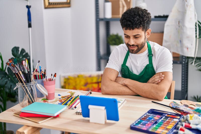 Young Arab Man Artist Smiling Confident Having Video Call at Art Studio ...