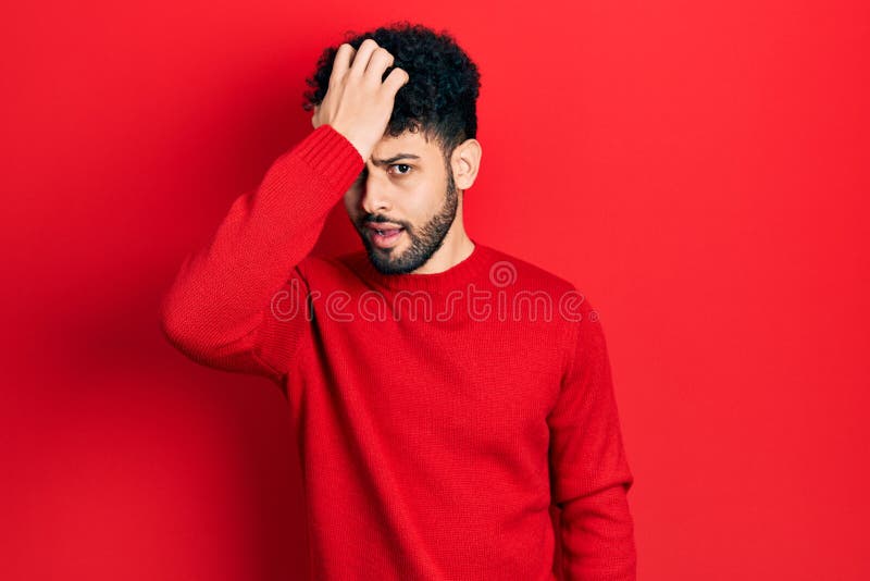 Young Arab Man with Beard Wearing Casual Red Sweater Surprised with ...