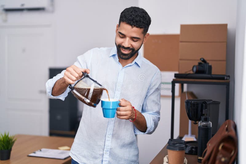 Young Arab Man Business Worker Pouring Coffee on Cup at Office Stock Image - Image of success ...