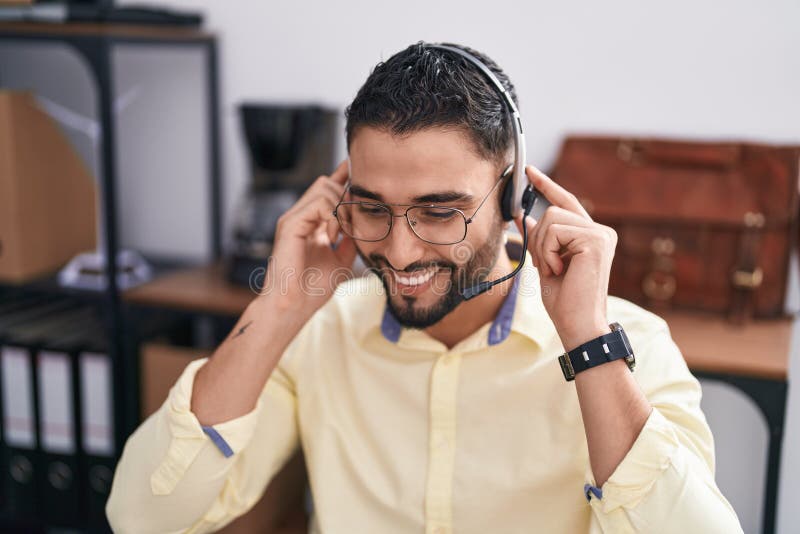 Young Arab Man Call Center Agent Smiling Confident Working at Office ...