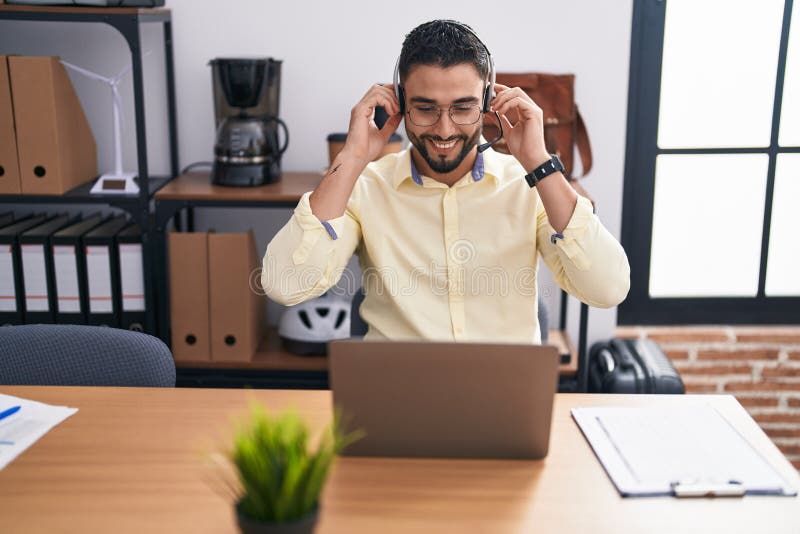 Young Arab Man Call Center Agent Smiling Confident Working at Office ...