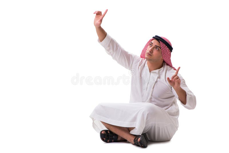 The Young Arab Man Sitting Isolated on White Stock Photo - Image of ...