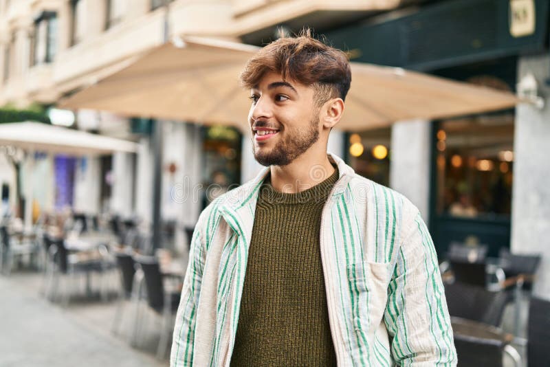 Young Arab Man Smiling Confident Looking To the Side at Street Stock ...