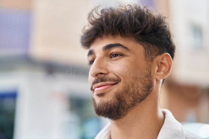 Young Arab Man Smiling Confident Looking To the Side at Street Stock ...