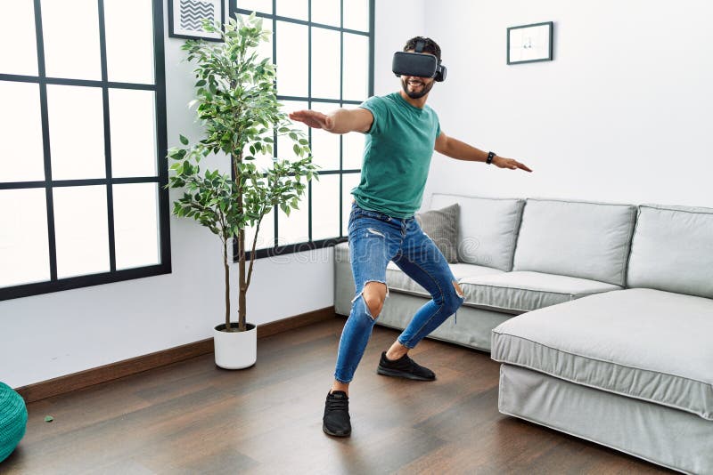 Young Arab Man Smiling Confident Playing with Vr Goggles at Home Stock ...