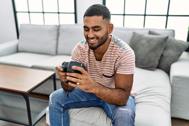Young Arab Man Smiling Confident Using Camera at Home Stock Image ...