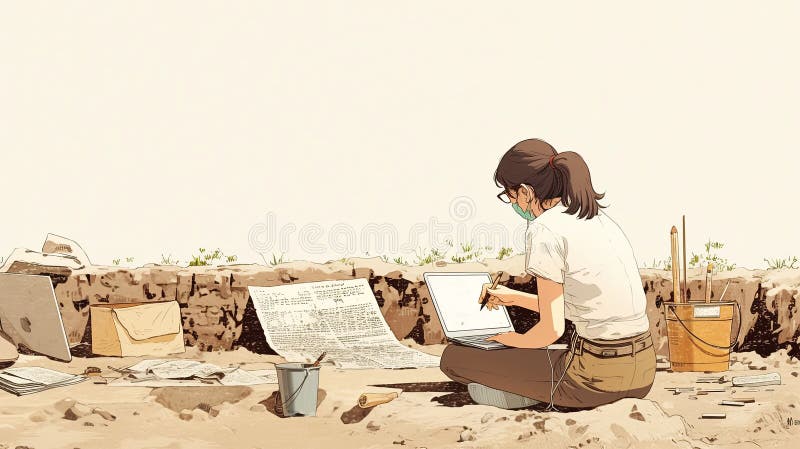 Young Archaeologist Writing Notes during a Field Excavation at a ...