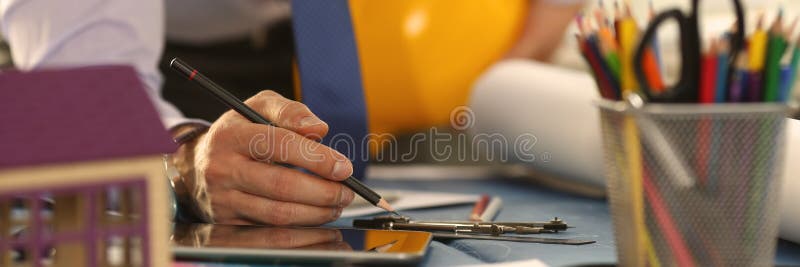 Young Architect Contractor Sketch Building Plan Stock Photo - Image of ...