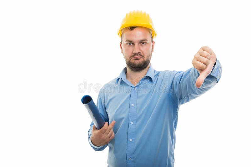 Young Architect Holding Blueprints and Showing Thumb Down Gesture Stock ... Young Architect Holding Blueprints and Showing Thumb Down Gesture Stock ...