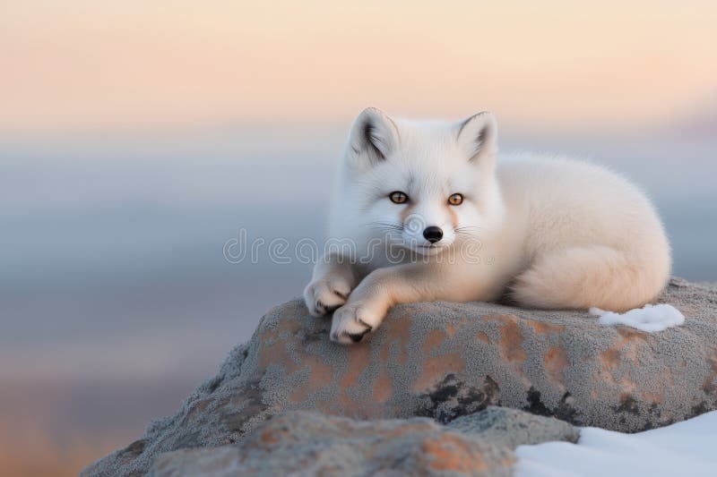 Young Arctic Fox Sitting on a Rock in Winter Stock Illustration ...