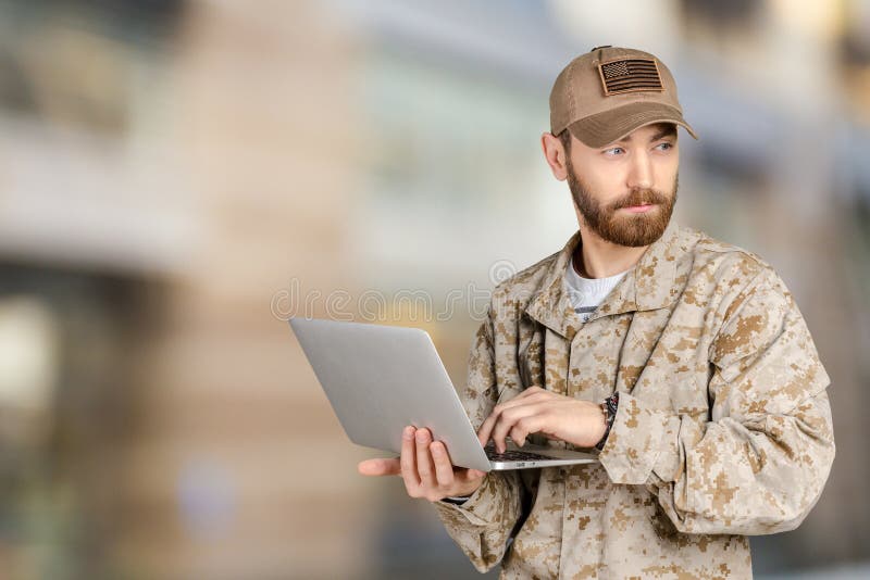 Young Army Soldier with a Laptop Stock Photo - Image of internet, adult ...