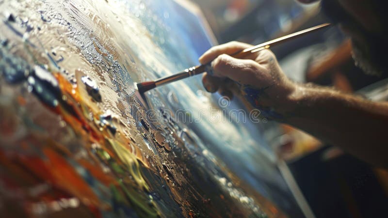 Artist at Work in Workshop, Close Up of a Young Artist is Painting with Brush in His Studio ...