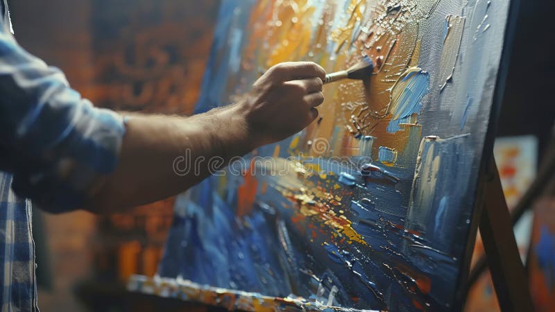 Artist at Work in Workshop, Close Up of a Young Artist is Painting with ...