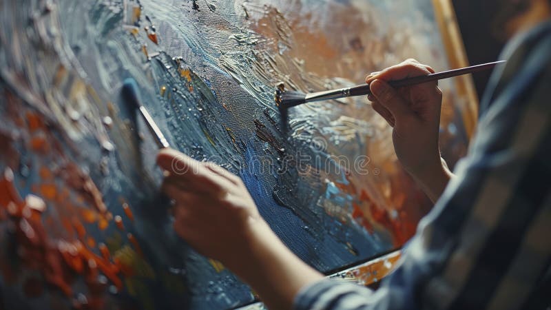 Artist at Work in Workshop, Close Up of a Young Artist is Painting with ...