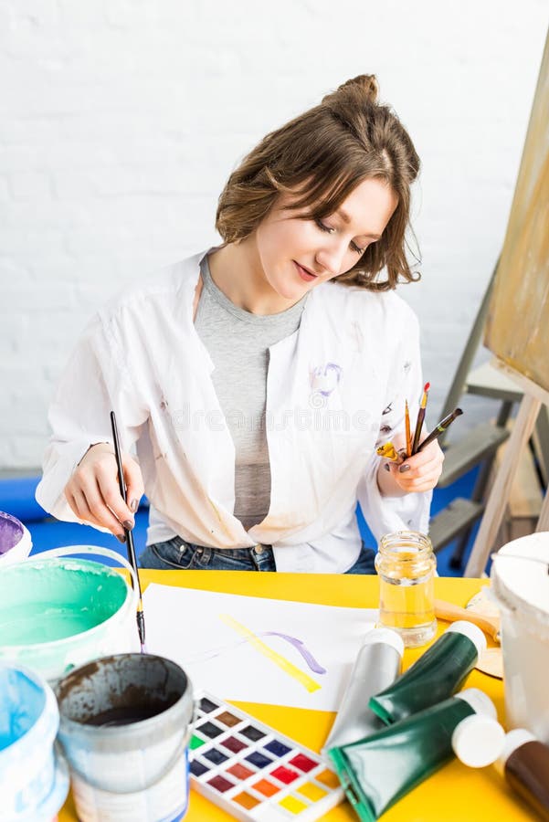 Young Artistic Girl Making Paint Samples Stock Image - Image of ...